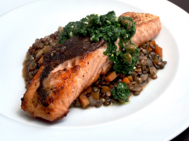 Salmon on Lentils with Herb Relish | Jono & Jules do food & wine